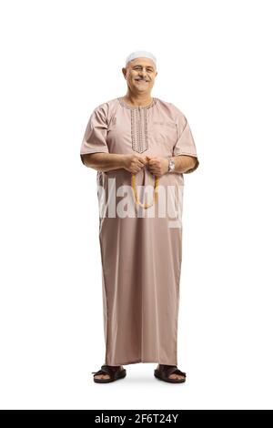 Portrait of Iranian religious man with Prayer bump and hand on heart ...