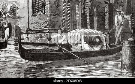 An old engraving of a man riding a ‘water velocipede’, a pedalo-type ...