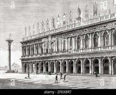 Antique illustration of Biblioteca Marciana, a library in Venice ...