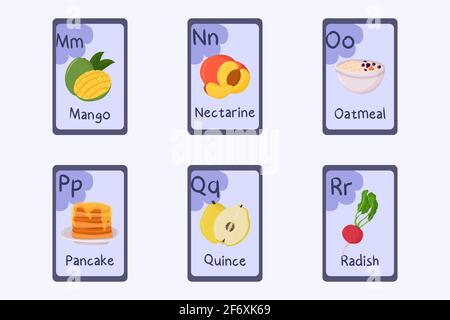 Colorful alphabet flashcard Letter O - oatmeal, olive, oil, orange ...