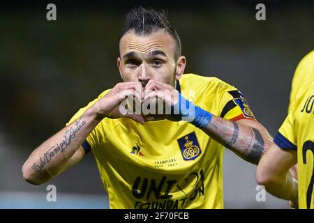 Union's Teddy Teuma celebrates after winning a soccer match between KRC ...