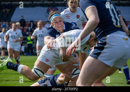 Rachel Malcolm (captain) of Scotland tackling Welsh player during the ...