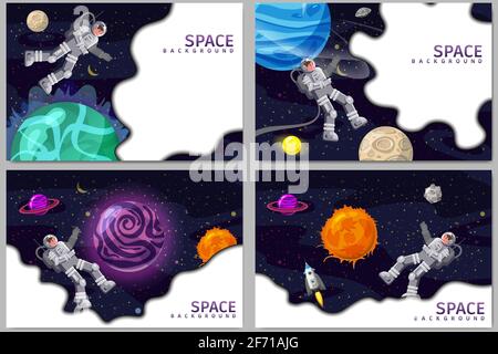 Set Space card backgrounds with spaceman, rocket, UFO, sun, stars ...