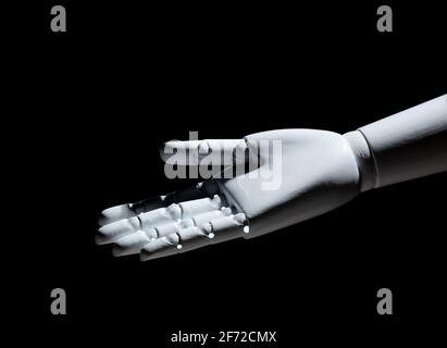 White robot hand open gesture isolated on black background Stock Photo ...