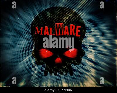 Rogue Software, Illustration of a computer screen with black skull on a ...