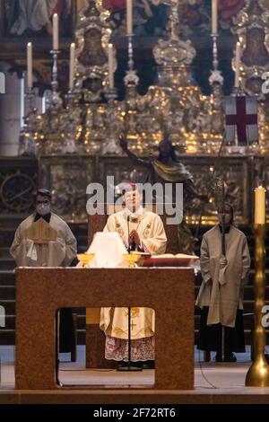 Freiburg, Germany. 04th Apr, 2021. Archbishop Stephan Burger speaks to ...