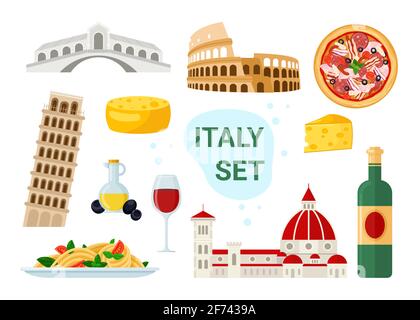 Rome travel landmark set. Italian famous places silhouette icons ...
