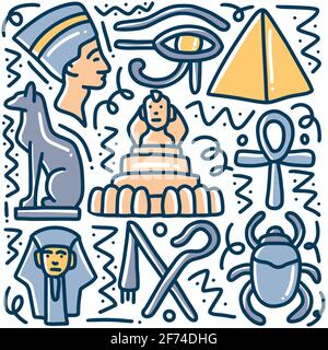 Cartoon vector doodle set of Egypt traditional symbols, items and ...