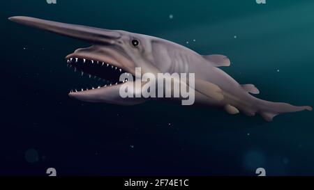 Deep sea goblin shark, Mitsukurina owstoni, hunting lantern fish in the deep sea Stock Photo - Alamy