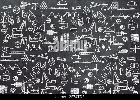 Blackboard with hand-drawn math-related icons. Pencil case on the desk ...