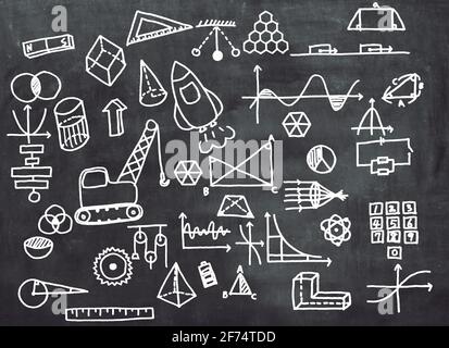 Blackboard with hand-drawn math-related icons. Education concept Stock ...