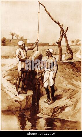 Agriculture in Egypt. Primitive irrigation. A spiral tube cylinder ...