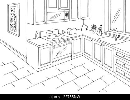 Interior contour of kitchen room. Outline blueprint design of kitchen ...
