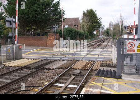 21 March 2021 - Datchet, UK: View of empty rails at railway station ...