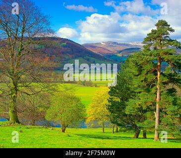 Fields and Farms over River Usk from a drone, Brecon, Brecon Beacons ...