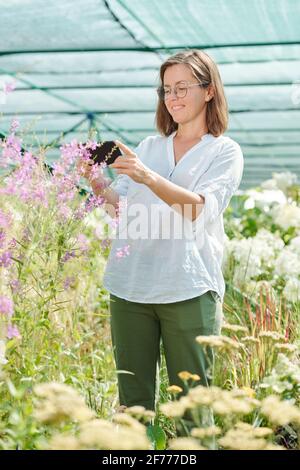 Caucasian woman standing over pink background smiling doing talking on ...