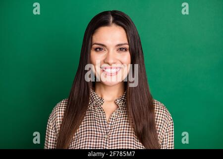 Photo of cheerful toothy beaming girl with wavy hairstyle dressed blue ...