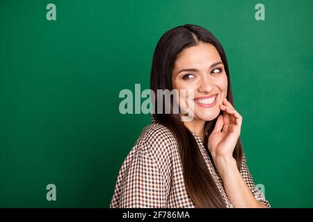 Photo of pretty charming flirty lady wear yellow dotted t-shirt pouted ...