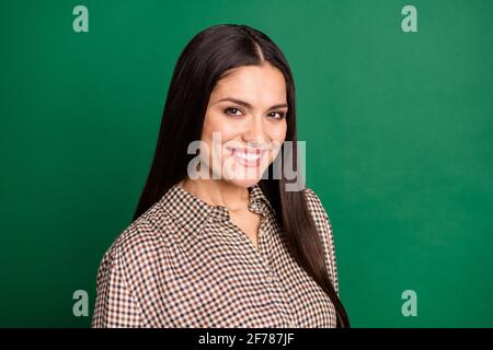 Photo of pretty positive girl beaming smile hands fingers show thumb up ...