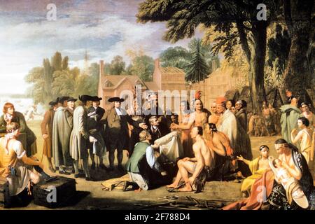 William Penn treaty with Native Americans in Pennsylvania 1680s. Hand ...