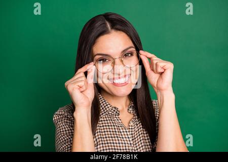 Photo of positive pretty lady wear stylish clothes demonstrate empty ...