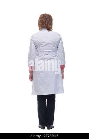 Full body portrait of experienced doctor man walk empty space wear ...