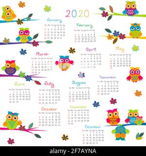 Funny vector cartoon 2020 calendar with funny foxes and cats Stock ...