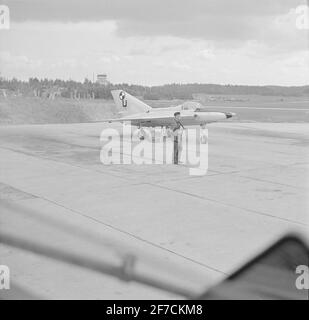Saab 210 Draken on airfields, 1953. Samplane Saab 210 Lillryke stands ...