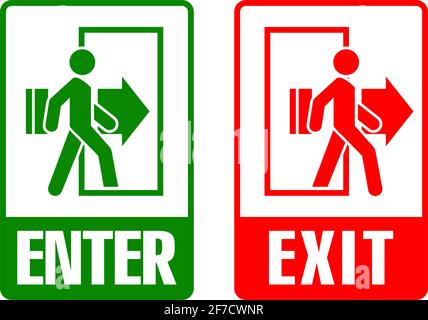 Entry and exit signs with a man silhouette. Vector pictograms Stock ...