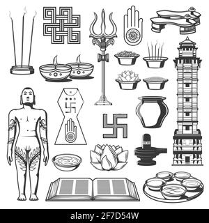 Jainism religion icons of Jain Dharma indian religious symbols. Vector ...