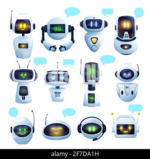 Cartoon chat bot characters, online virtual assistant mascot ...