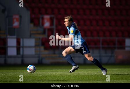 Rotherham, UK. 05th Apr, 2021. David Wheeler of Wycombe Wanderers shot ...