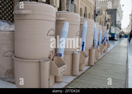 Zamzam water. Zam-zam water barrels in the Masjidil-Haram. Mecca ...