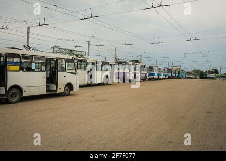 Station with electric buses, trolleybuses in Yalta, Ukraine. Parking of ...