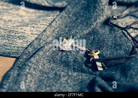 Vintage gothic pendant ax necklace bronze color closeup. Selective ...