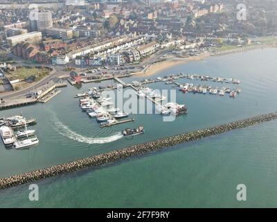 Aerial view of Poole, a coastal town in Dorset, southern England, known ...