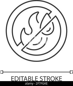 Forbidden sign with fire linear icon. Thin line illustration. No bonfire prohibition. Stop ...
