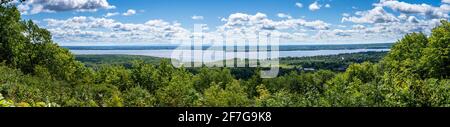 Canada, Quebec, Lac des Deux-Montagnes, Oka, car ferry travelling ...