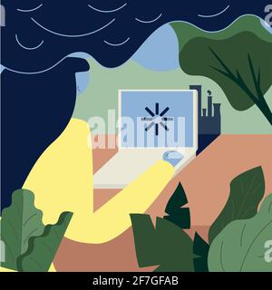 Digital footprint concept. Girl with laptop connected to internet. Data ...