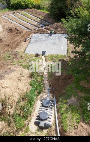 Aerial view of a new sand and gravel filter bed for a septic tank and ...