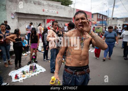 Mexican devotees of Santa Muerte (Holy Death) crawl on their knees ...