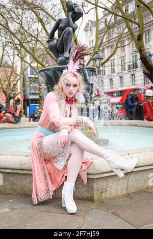 London, UK. 03 April 2021. The models attends a flash mob fashion show ...