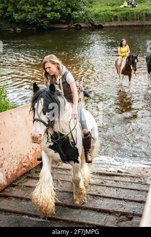 young gypsy traveller woman on horse in river in Appleby Horse fair ...