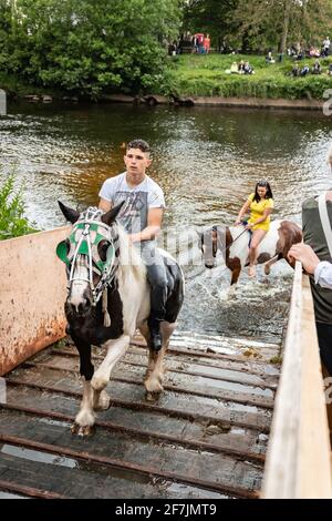 young gypsy traveller man on horse in river at Appleby Horse fair ...