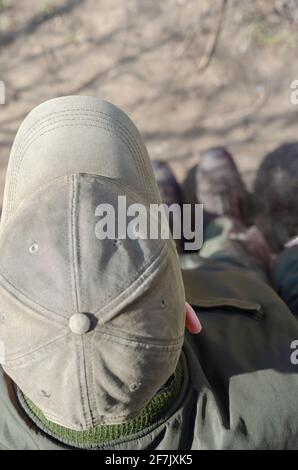 overhead view of male soldier in military uniform with american flag in ...