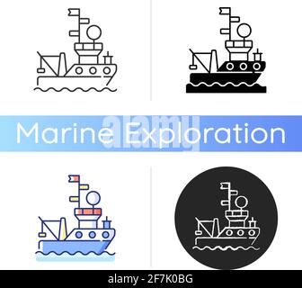 Black white research vessel, vector hand drawn isolated illustration ...