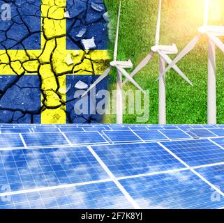 Solar energy panels with Sweden flag background. Sustainable resources ...