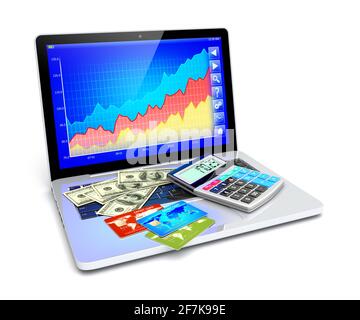 3D. laptop and stock chart, investment, coin and purse. financial ...