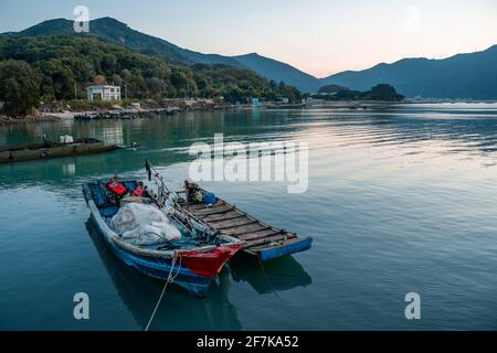 A fish farm at Nanao island, Guangdong province, China, at sunset Stock ...