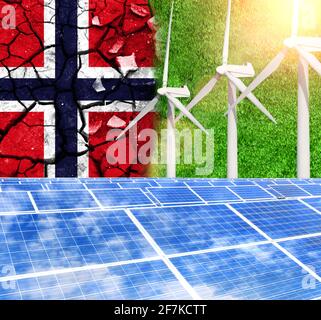 Solar energy panels with Norway flag background. Sustainable resources ...